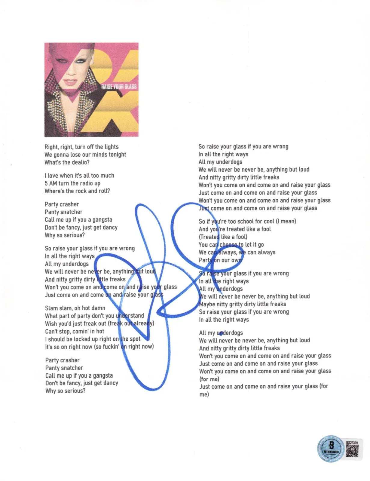 Pink Signed Raise Your Glass Lyrics Sheet