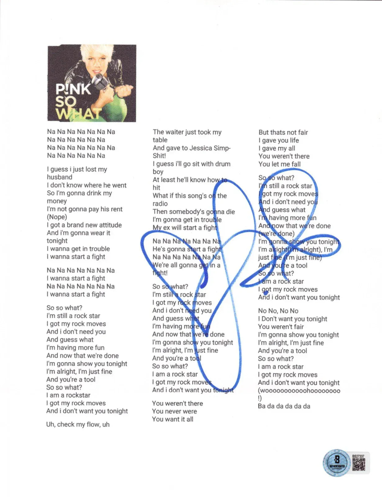 Pink Signed So What Lyrics Sheet