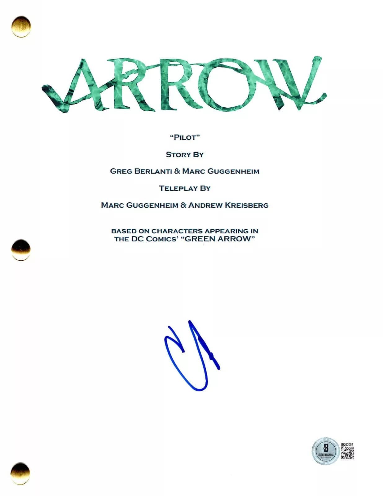 Colton Haynes Autographed Aarow Pilot Script Beckett COA