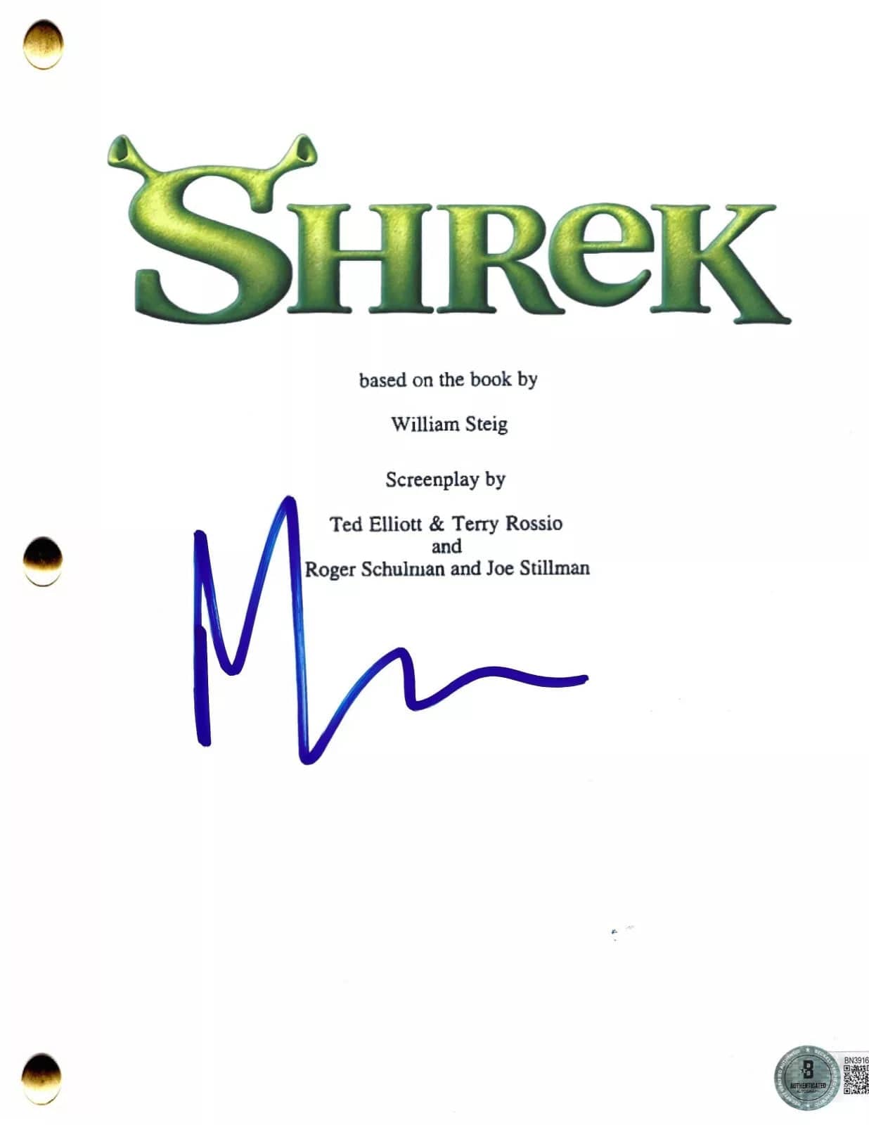 Mike Myers Autographed Shrek Script - PTS