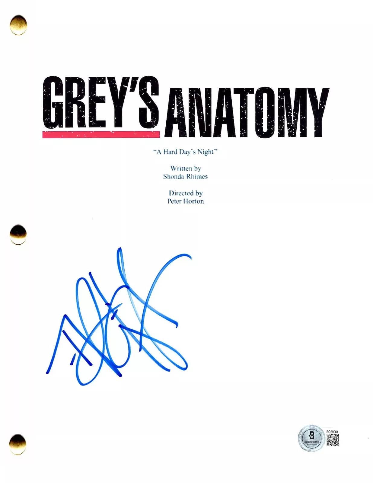 TR Knight Autographed Grey's Anatomy Pilot Script Beckett COA